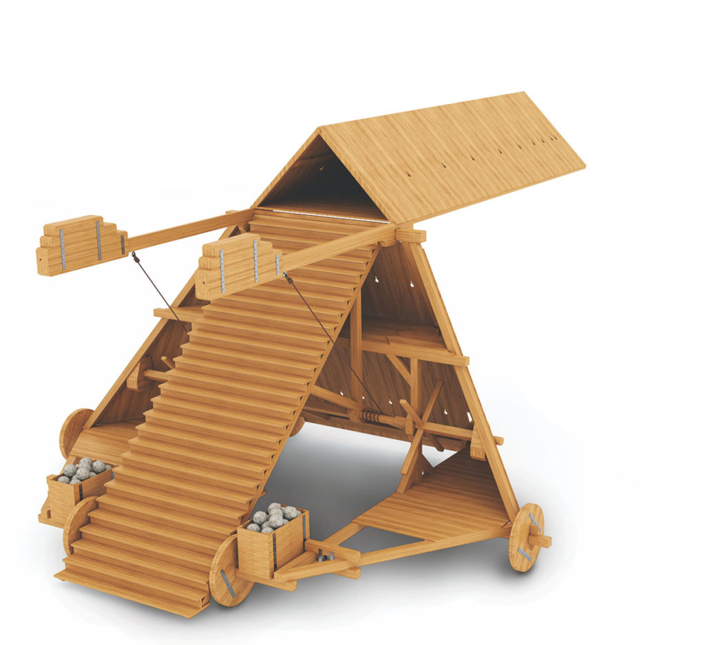 Leonardo’s ox-drawn siege tower featured a wide staircase and a roofed ...